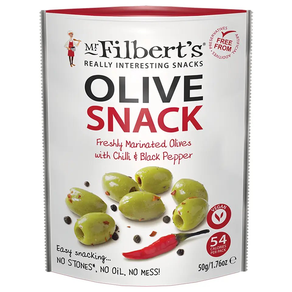 Mr Filberts Chilli & Black Pepper Green Olives 50g – Angela Reed